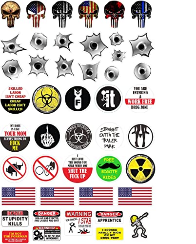 46 Pieces XXL Set Hard Hat Stickers Funny, Skulls, Bullet Holes, American Flag, Welder Decals, USA Hardhat Stickers