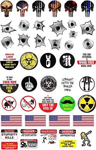 46 Pieces XXL Set Hard Hat Stickers Funny, Skulls, Bullet Holes, American Flag, Welder Decals, USA Hardhat Stickers