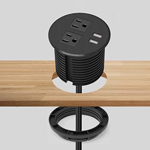 Desk Power Grommet, Haylink Desk Hole Cover Grommet 3.15 Inch(80mm) Recessed Power Outlet USB Grommet with 2 Flat Plugs, Connect 6.56ft Extension Cord,Black