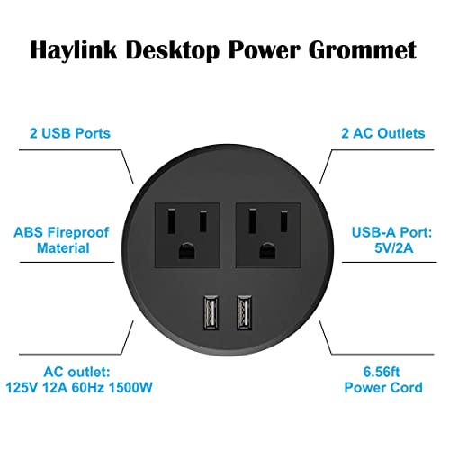 Desk Power Grommet, Haylink Desk Hole Cover Grommet 3.15 Inch(80mm) Recessed Power Outlet USB Grommet with 2 Flat Plugs, Connect 6.56ft Extension Cord,Black