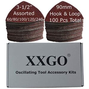 xxgo 100 pcs 3-1/2 inch 90mm triangular 60/80 /100/120 /240 grits hook & loop multitool sandpaper for wood sanding contains 20 of each fit 3.5 inch oscillating multi tool sanding pad xg9020