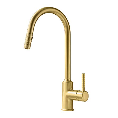 TURS Brushed Gold Kitchen Faucet Brass Kitchen Faucets with Pull Down Sprayer Single Handle One Hole High Arc Copper Kitchen Tap,FK002LG