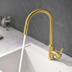 TURS Brushed Gold Kitchen Faucet Brass Kitchen Faucets with Pull Down Sprayer Single Handle One Hole High Arc Copper Kitchen Tap,FK002LG