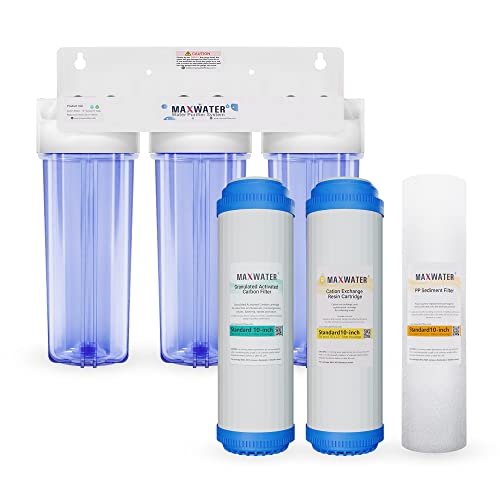 Max Water 3 Stage Water Softening10 inch Standard Water Filtration System for Whole House - Sediment + Cation Resin + GAC - ¾" Inlet/Outlet - Model : WH-SC8