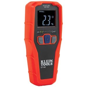 klein tools et140 pinless moisture meter for non-destructive moisture detection in drywall, wood, and masonry; detects up to 3/4-inch below surface