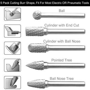 5Pcs Premium Tungsten Steel Carbide Rotary Burr Set, 1/4inch Shank Double Cut Carbide Burr Set, 8MM Head Die Grinder Bits for Die Grinder Drill, DIY Wood-Working Carving, Metal Polishing, Engraving