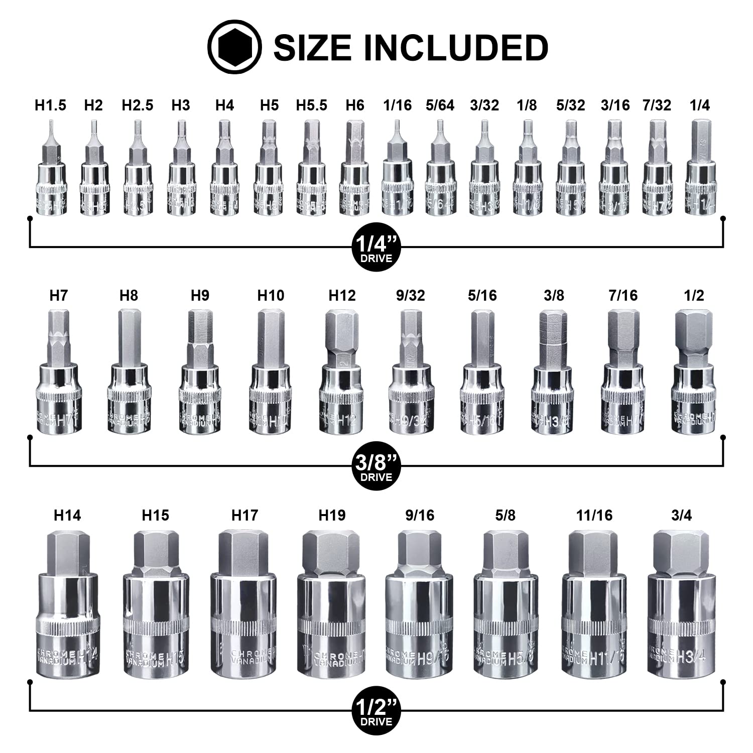 Master Hex Bit Socket Set Allen Wrench Bit Kit Hex Key for Ratchet Socket Tool SAE and Metric Set 3/8, 1/4, 1/2 Drive Socket Set 34-Piece