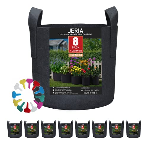 JERIA 8-Pack 7 Gallon Grow Bags, Aeration Fabric Pots with Handles, Heavy Duty Thickened Nonwoven Grow Pots with 8 Pcs Plant Labels