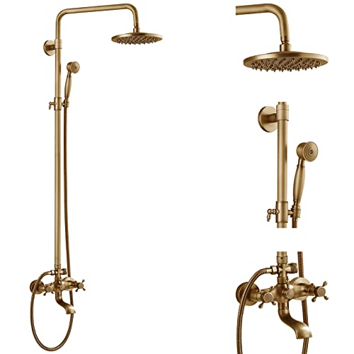 Aolemi Antique Brass Tub Shower Faucet 8 Inch Shower Head Vintage Shower Fixture Set Mixer Handheld Spray Triple Function Shower Combo