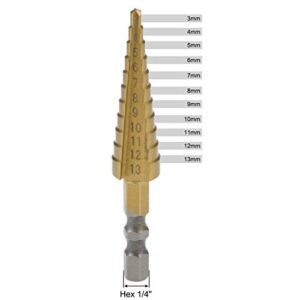 uxcell Step Drill Bit HSS 3mm to 13mm 11 Sizes Titanium Coated Straight Flutes Hex Shank for Metal Wood Plastic