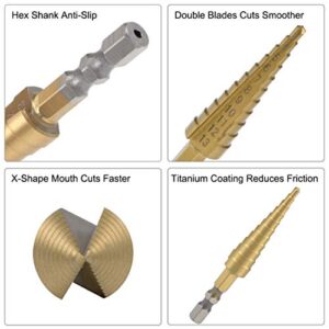 uxcell Step Drill Bit HSS 3mm to 13mm 11 Sizes Titanium Coated Straight Flutes Hex Shank for Metal Wood Plastic