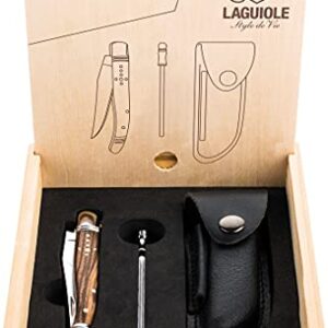 Laguiole Style de Vie pocket knife with sharpening steel, leather pouch and giftbox, zebranowood