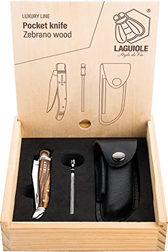 Laguiole Style de Vie pocket knife with sharpening steel, leather pouch and giftbox, zebranowood