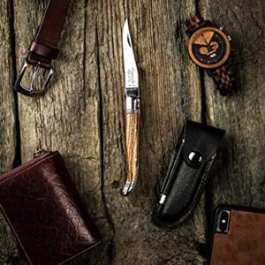 Laguiole Style de Vie pocket knife with sharpening steel, leather pouch and giftbox, zebranowood