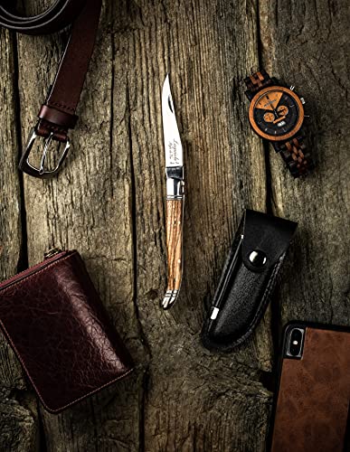 Laguiole Style de Vie pocket knife with sharpening steel, leather pouch and giftbox, zebranowood