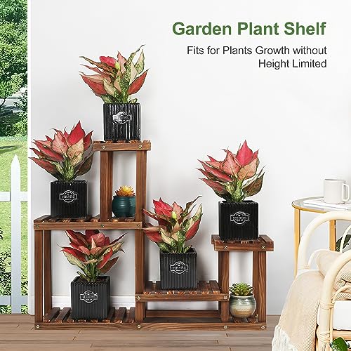 COOGOU Pine Wood Plant Stand Indoor Outdoor Multi Layer Flower Shelf Rack Higher and Lower Plant Holder in Garden Balcony Patio Living Room (4 Tiers )