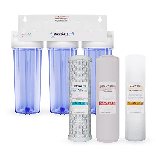 Max Water 3 Stage (Coastline Houses, Cottage, Farm, Well & Underground Water) 10 inch Water Filtration System for Whole House - Sediment+Iron Manganese+CTO Post Carbon-3/4" Inlet/Outlet-Model : WH-SC9