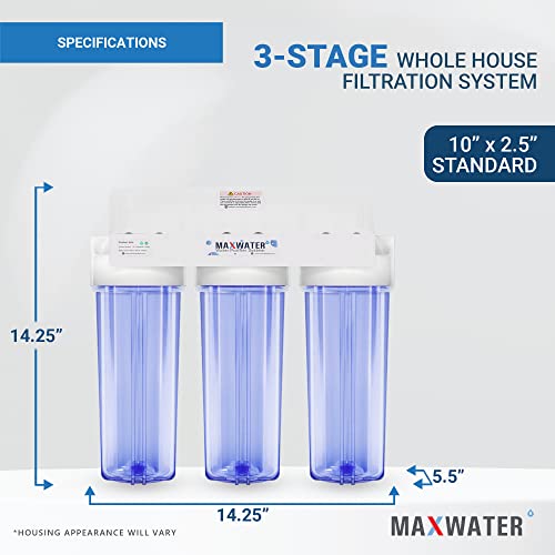 Max Water 3 Stage (Coastline Houses, Cottage, Farm, Well & Underground Water) 10 inch Water Filtration System for Whole House - Sediment+Iron Manganese+CTO Post Carbon-3/4" Inlet/Outlet-Model : WH-SC9