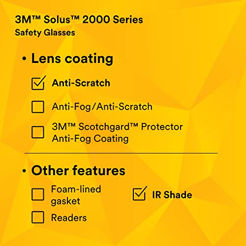 3M Safety Glasses, Solus 2000 Series, Anti-Scratch, IR Shade 3.0 Gray Lens, Black/Green Temples