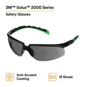 3M Safety Glasses, Solus 2000 Series, Anti-Scratch, IR Shade 3.0 Gray Lens, Black/Green Temples