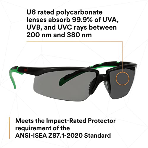 3M Safety Glasses, Solus 2000 Series, Anti-Scratch, IR Shade 3.0 Gray Lens, Black/Green Temples