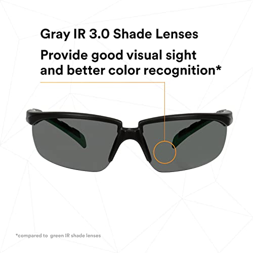 3M Safety Glasses, Solus 2000 Series, Anti-Scratch, IR Shade 3.0 Gray Lens, Black/Green Temples