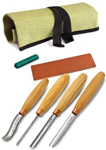 beavercraft, wood carving chisel set sc01 - gouge wood carving tools kit in rolling pouch with leather strop polishing compound kit - radial gouges flat chisel bent gouge (chisel set)