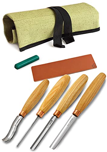 BeaverCraft, Wood Carving Chisel Set SC01 - Gouge Wood Carving Tools Kit in Rolling Pouch with Leather Strop Polishing Compound Kit - Radial Gouges Flat Chisel Bent Gouge (Chisel Set)