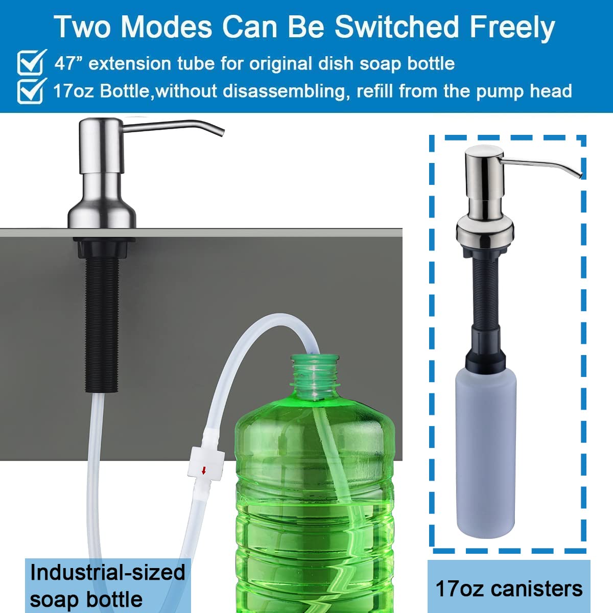 Dish Soap Dispenser for Kitchen Sink, SonTiy Commercial Kitchen Hand Soap Dispenser Pump Brushed Nickel, Stainless Steel Liquid Soap Dispenser with 47" No-Spill Extension Tube+17 OZ Bottle