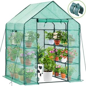 greenhouse for outdoors with screen windows, ohuhu walk in plant greenhouses heavy duty with durable pe cover, 3 tiers 12 shelves stands 4.8x4.8x6.3 ft plastic portable green house with shelf clips