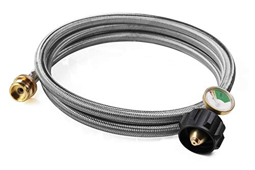 DOZYANT 6 Feet Stainless Braided Propane Hose Adapter with Propane Tank Gauge, 1 lb to 20 lb Propane Converter Hose for Propane Stove, Tabletop Grill and More 1lb Portable Appliance