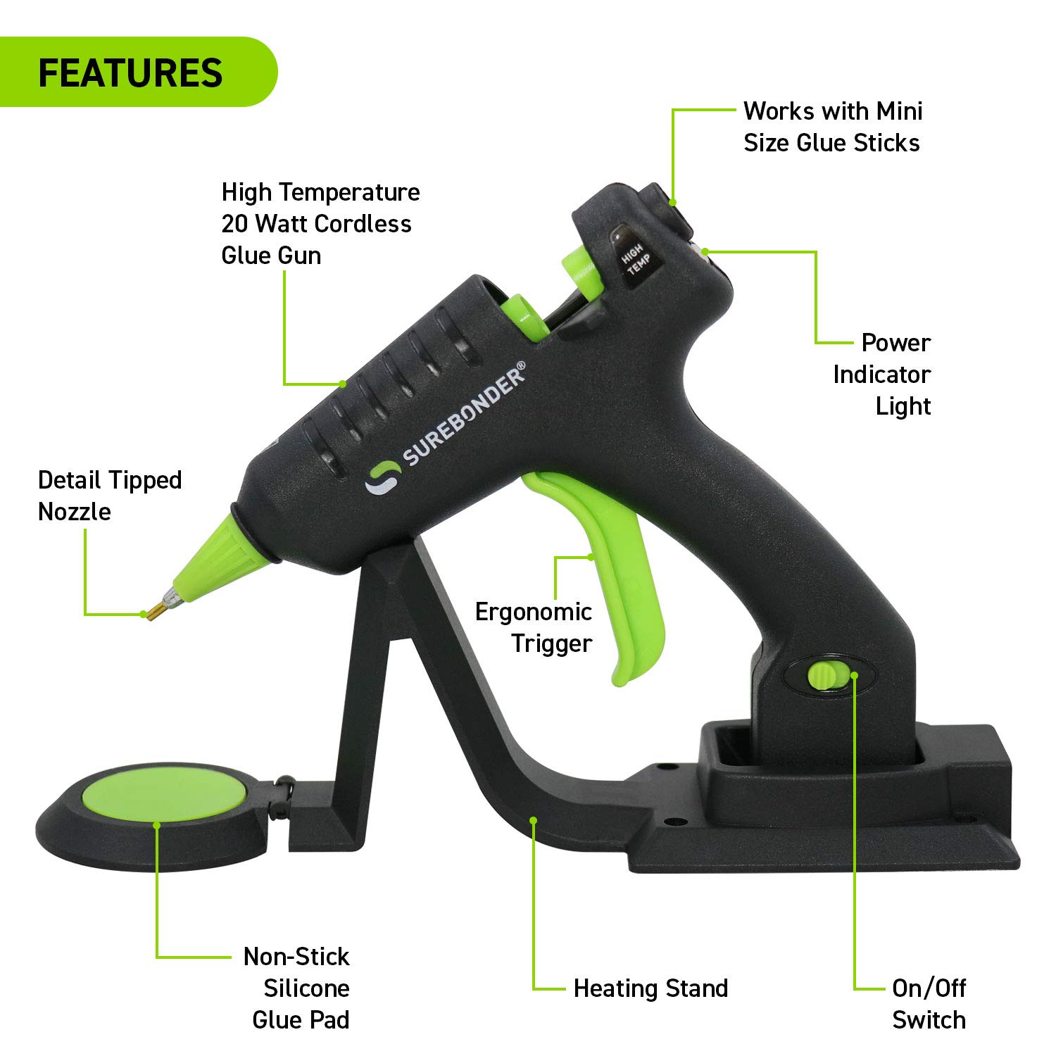 Surebonder Cordless/Corded High Temperature Mini Hot Glue Gun With Detail Tip, 20 Watt, Recharge With Portable Heat Stand (CL-195F)