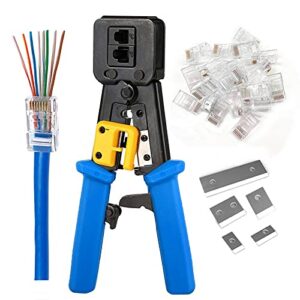 rj45 crimping tool ethernet crimper for cat6 cat5 cat5e rj45 pass through connectors and rj12 ends comes with 20pcs rj45 cat6 connectors and replacement blade