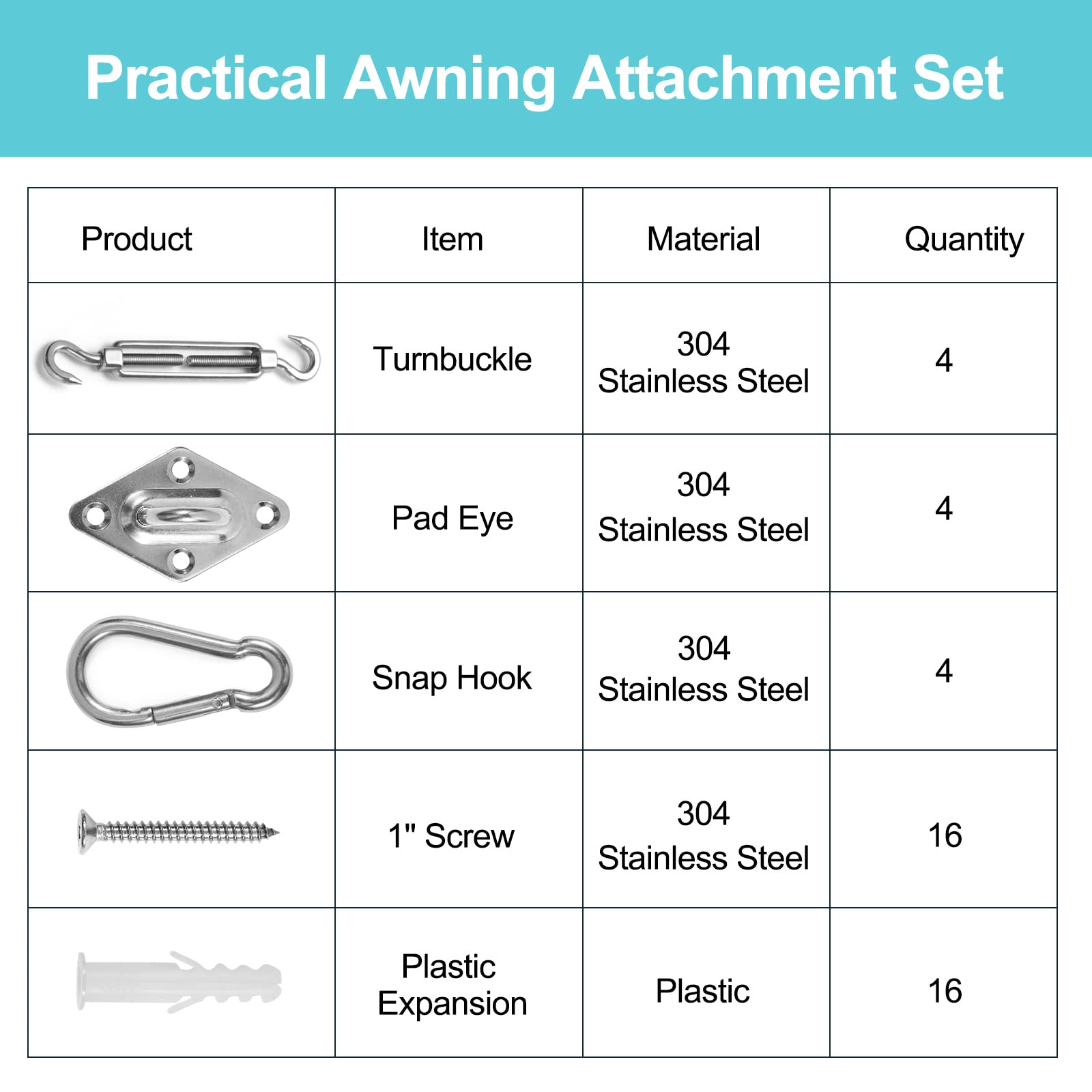 HOMPER Awning Attachment Set, Heavy Duty Sun Shade Sail Stainless Steel Hardware Kit for Garden Triangle and Square, Rectangle, Sun Shade Sail Fixing Accessories