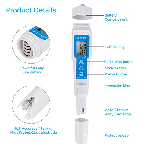 PH Meter Water Tester Digital Aquarium LCD Pen Monitor PH 0.0-14.0 PH with ATC, Control of Quality Water and ph, Swimming Pools, Household Drinking and Aquarium Water