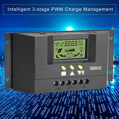 Dual USB Solar Controller, 12V 24V 30A CM3024Z PWM Intelligent Solar Panel Controller Regulator LCD Display for Connecting Battery, Solar Panel and DC Load