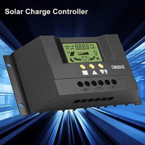 Dual USB Solar Controller, 12V 24V 30A CM3024Z PWM Intelligent Solar Panel Controller Regulator LCD Display for Connecting Battery, Solar Panel and DC Load