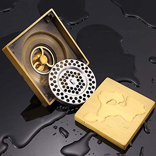 Antique Brass Body Square Floor Drain Hair Catcher Tile Insert Non Slip Shower Drain Cover Embedded for Bathroom Home Hotel Toilet,Removable Flat Cover (Gold)