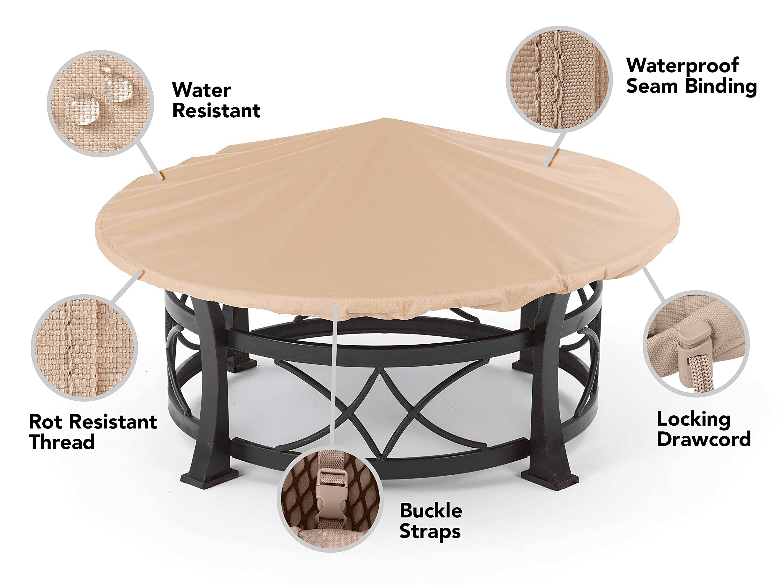 Covermates Round Firepit Top Cover - Heavy-Duty Polyester, Weather Resistant, Drawcord Hem, Fire Pit Covers-Ripstop Tan