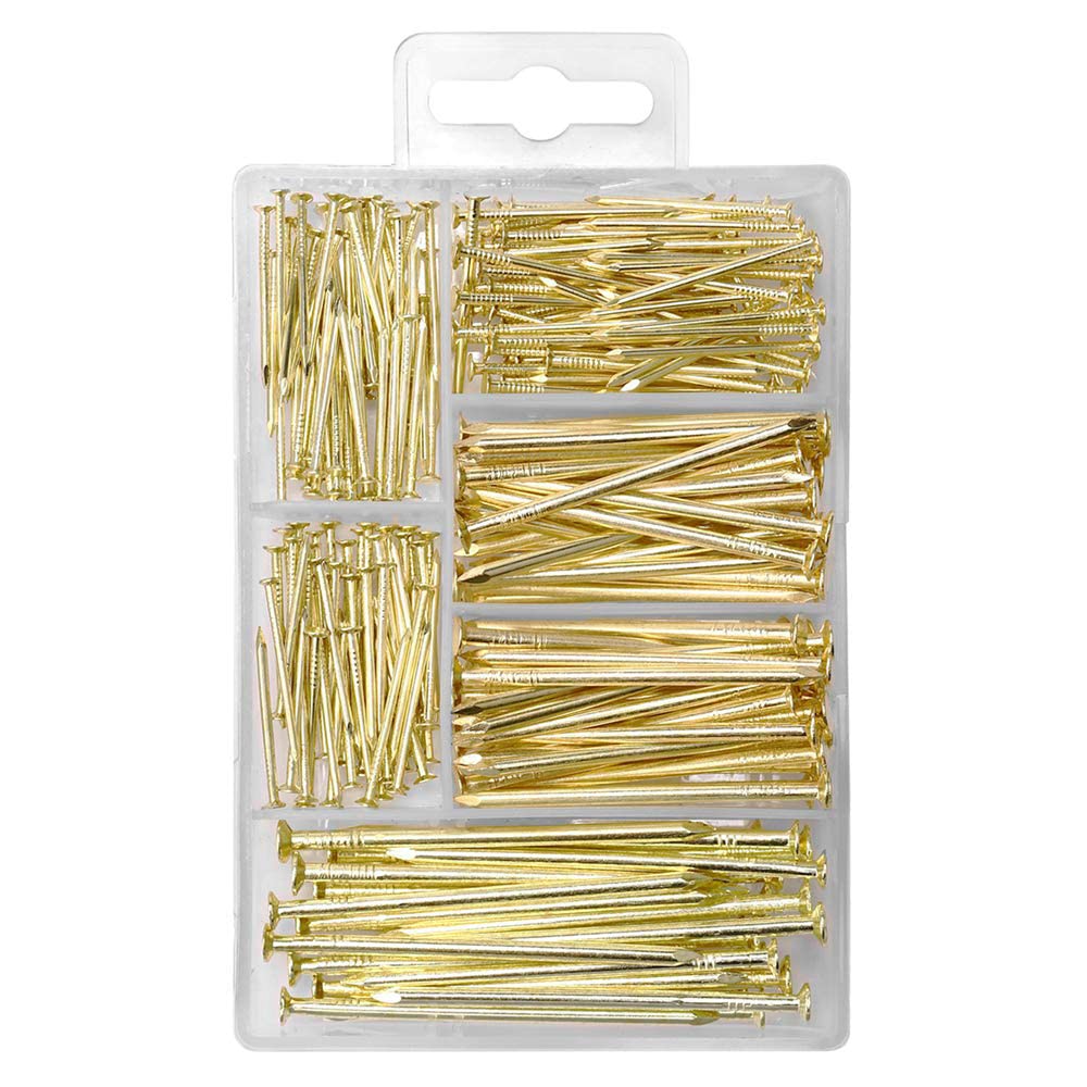 HangDone Nails Assortment 250-Pieces 4 Sizes, Brass Plated