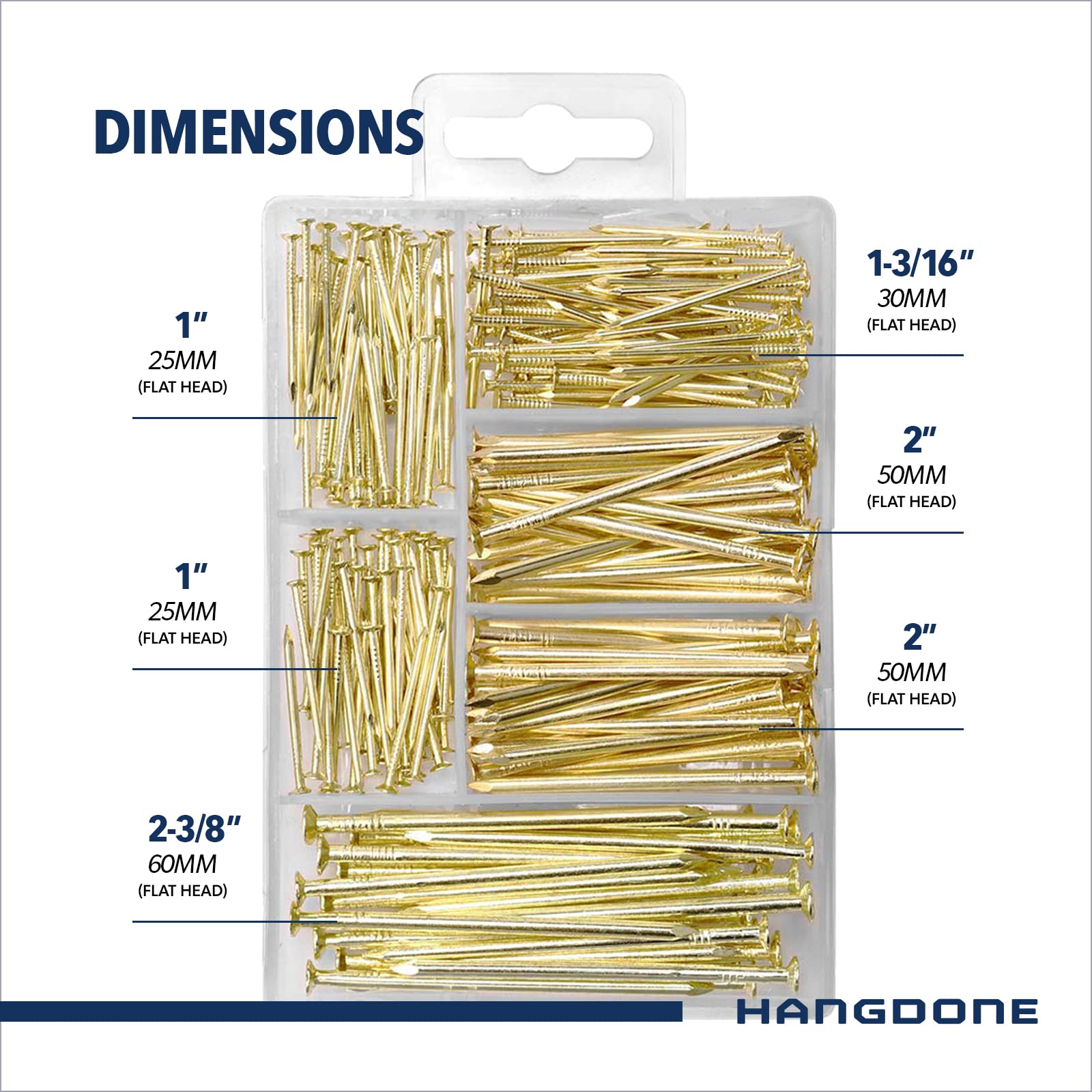 HangDone Nails Assortment 250-Pieces 4 Sizes, Brass Plated