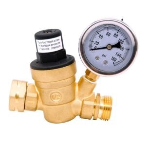 accumeter 3/4 lead-free water pressure regulator brass water valve with gauge, adjustable pressure reducer for rv camper, build in oil, nh thread