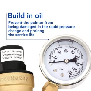 Accumeter 3/4 Lead-Free Water Pressure Regulator Brass Water Valve with Gauge, Adjustable Pressure Reducer for RV Camper, Build in Oil, NH Thread