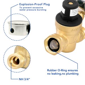 Accumeter 3/4 Lead-Free Water Pressure Regulator Brass Water Valve with Gauge, Adjustable Pressure Reducer for RV Camper, Build in Oil, NH Thread