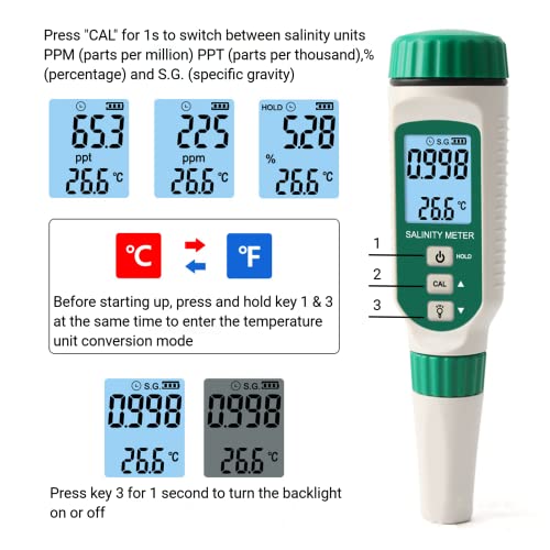 Digital Salinity Meter,Electronic Waterproof Water Quality Temp Test Meter ,0.00ppt-9.99ppt, 10.0ppt-50ppt Seawater Pool Aquarium Fish Multifunction Salinity Guage