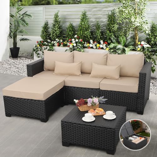 Rattaner Outdoor Furniture Set 3 Pieces Wicker Patio Furniture Outdoor Sectional Patio Couch Outdoor Coffee Table with Storage All-Weather No-Slip Cushions Waterproof Covers, Khaki