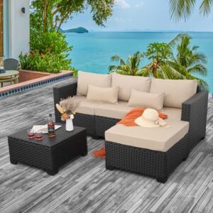 Rattaner Outdoor Furniture Set 3 Pieces Wicker Patio Furniture Outdoor Sectional Patio Couch Outdoor Coffee Table with Storage All-Weather No-Slip Cushions Waterproof Covers, Khaki