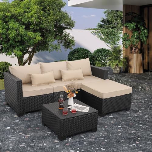 Rattaner Outdoor Furniture Set 3 Pieces Wicker Patio Furniture Outdoor Sectional Patio Couch Outdoor Coffee Table with Storage All-Weather No-Slip Cushions Waterproof Covers, Khaki