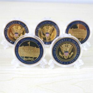 5 pack donald trump gold plated coin, seal of the president challenge coins, commemorative gift with case and stand