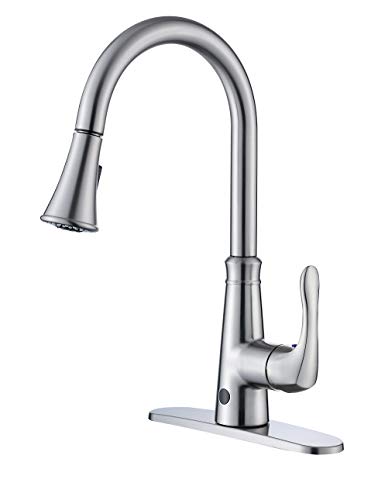 Touchless Kitchen Faucet with Pull Down Spray Head, Two Sensors Single Handle High Arc 2-Function Kitchen Sink Faucets with Pull Out Sprayer, 1&4 Hole Deck Mount, Brushed Nickel PVD,KNACK